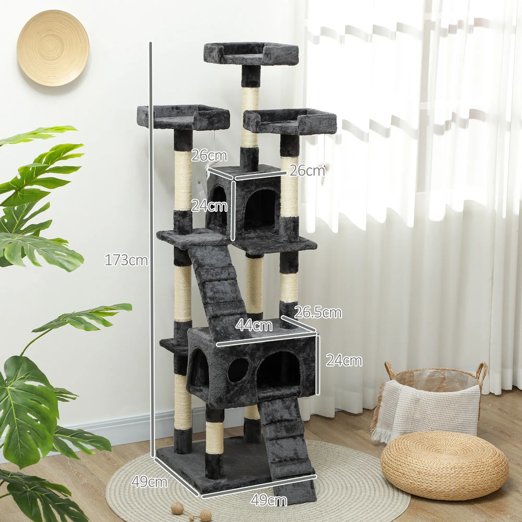 Škrabací strom PawHut XXL Cat Cave Ladder Climbing Tree Multilevel Grey 50x50x170cm | Aosom