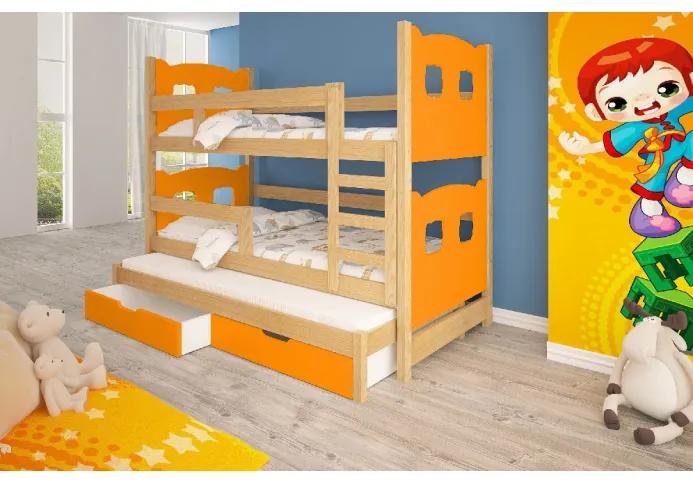 Dětská patrová postel s přistýlkou a zábranou Nemo - oranž