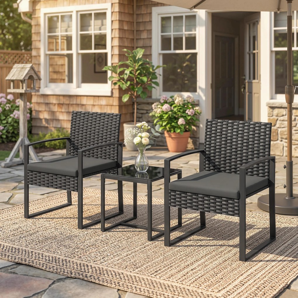 Outsunny Ratanový bistro set, 3dílná sada zahradního nábytku se 2 zahradními židlemi, konferenčním stolkem, odnímatelnými polštáři tmavě šedá