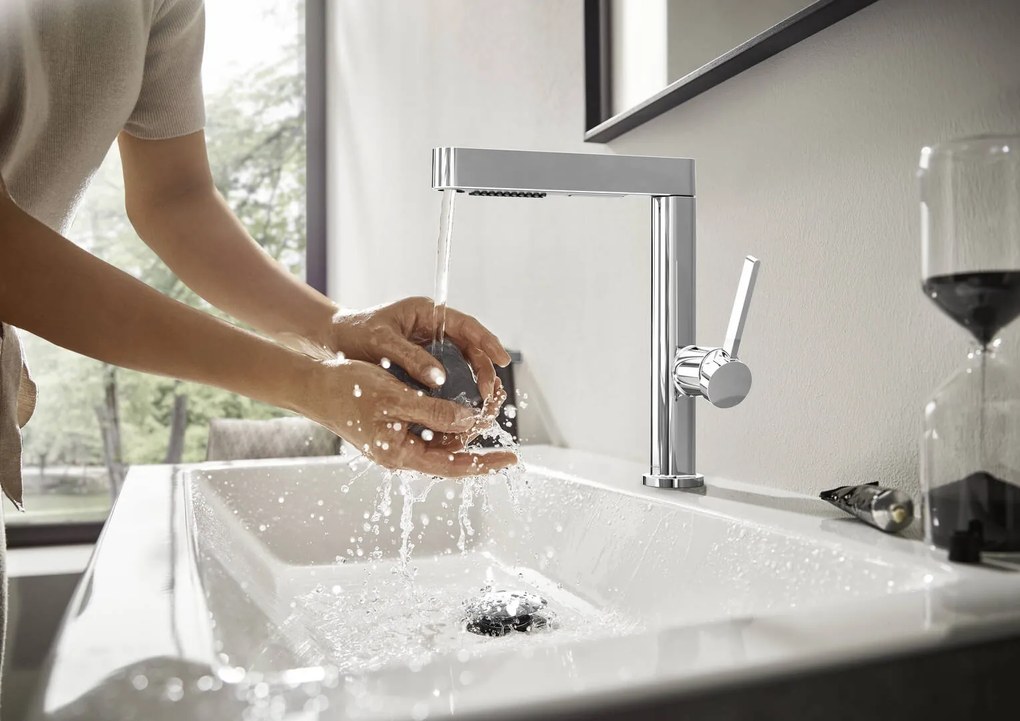 Hansgrohe Finoris, umyvadlová baterie 230, s výpustí Push-Open a výsuvnou sprškou, EcoSmart, chromová, 76063000