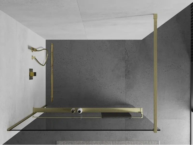 Mexen Kioto+, sprchová zástěna Walk-In s poličkou a věšákem 85 x 200 cm, 8mm čiré sklo, zlatý matný profil, 800-085-121-55-00