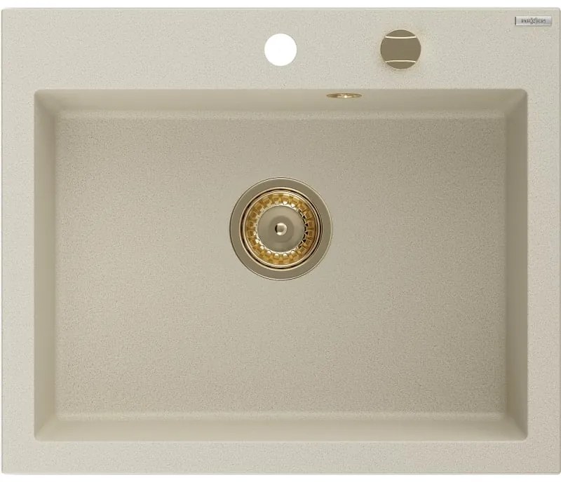 Mexen Elix, 1korový granitový dřez 600 x 500 mm, béžová, zlatý sifon, 6525601005-69-G