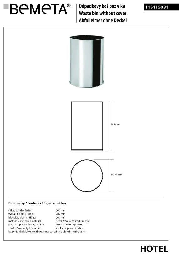 Bemeta Design Odpadkový koš, 9 l, nerez, lesk -