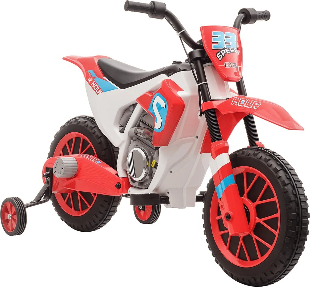HOMCOM Dětská Elektrická Motorka 12V s 2 Odnímatelnými Stabilizátory pro Děti od 3 Let PP Kovová Červená+Bílá 106,5 x 51,5 x 68 cm | Aosom
