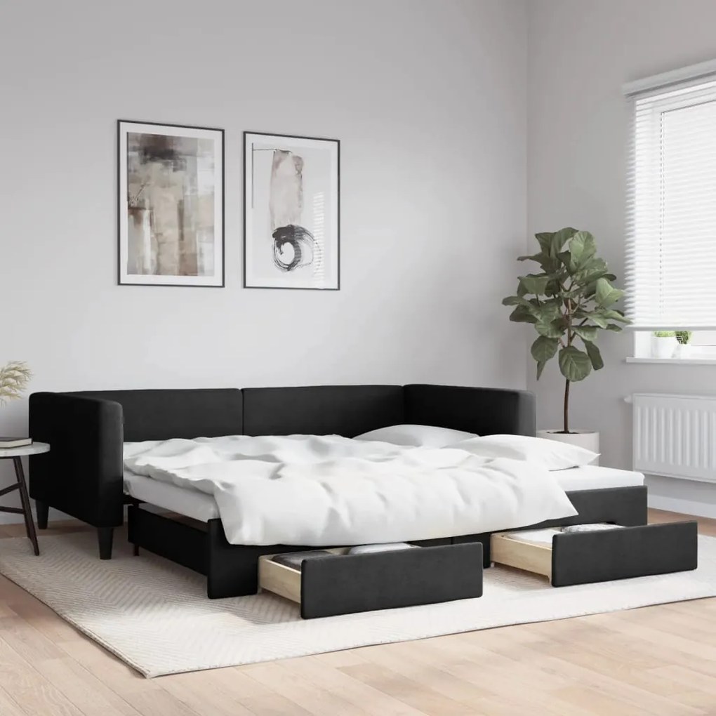 Válenda s přistýlkou a zásuvkami černá 100 x 200 cm textil 3196621