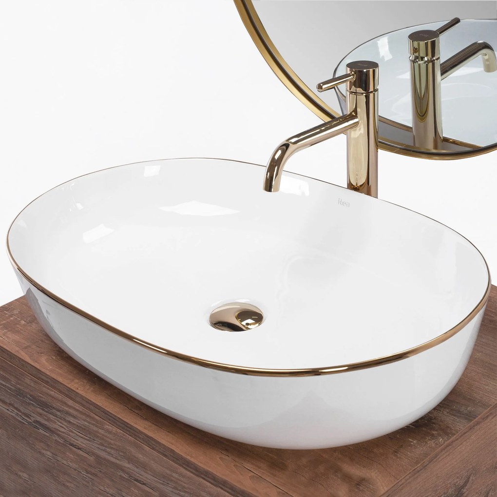 Rea Cleo, umyvadlo na desku 605x410x140mm, bílá se zlatým okrajem, REA-U6211