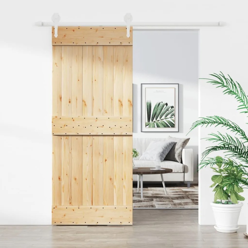 Posuvné Dveře S Kováním 85 X 210 Cm Masivní Borové Dřevo Stříbrná