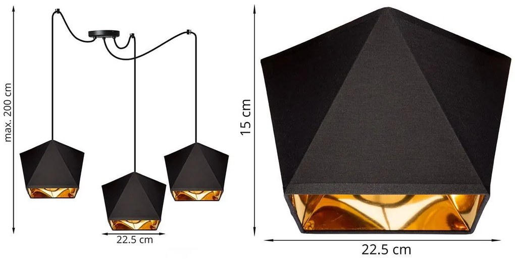 Závěsné svítidlo DIAMOND GOLD SPIDER, 3x černé/zlaté textilní stínítko
