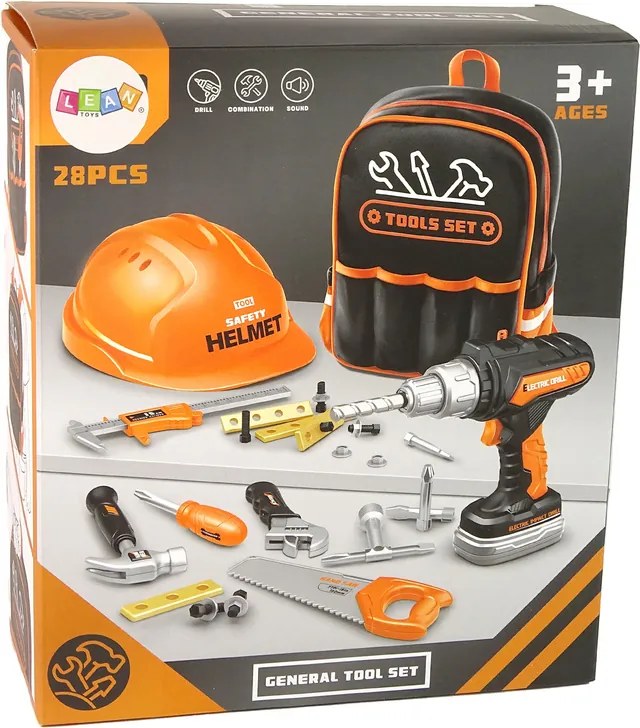 LEAN Toys Sada pro kutily v batohu – přilba a nářadí, oranžová