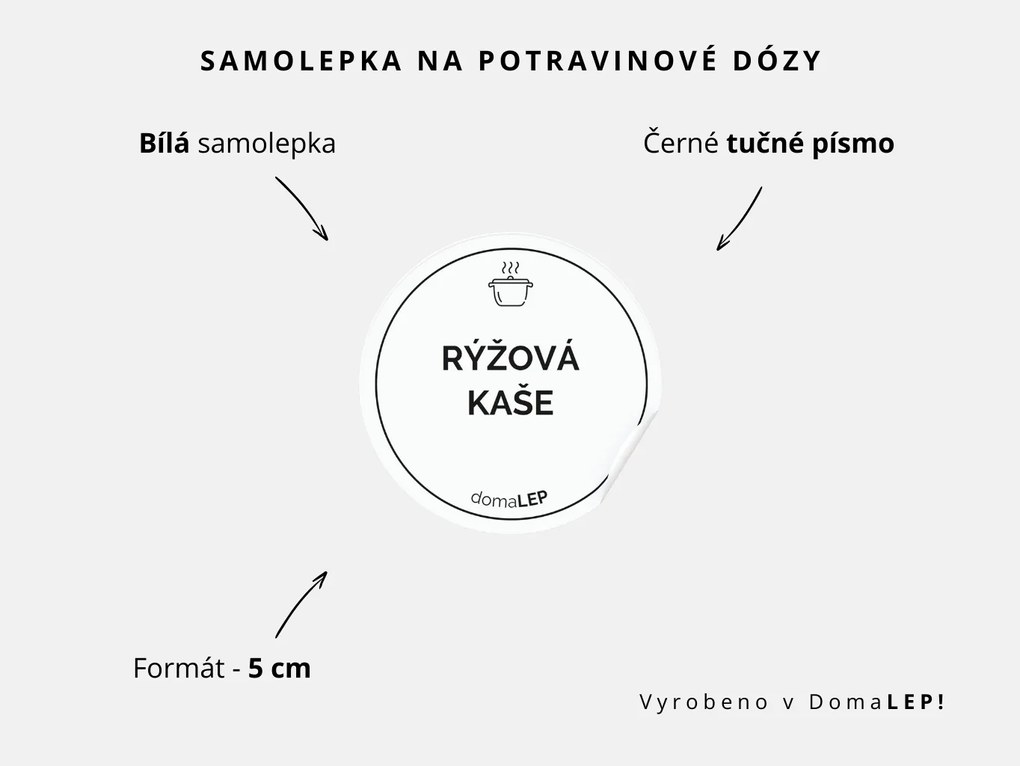 RÝŽOVÁ KAŠE - omyvatelná samolepka na dózu, výběr rozměrů Ø 5 cm / 5 x 5 cm / 6 x 8 cm | DomaLEP tvar: ČTVEREC, barva: BÍLÁ - ČERNÉ písmo, velikost: š. 5 cm x v. 5 cm - tučné písmo