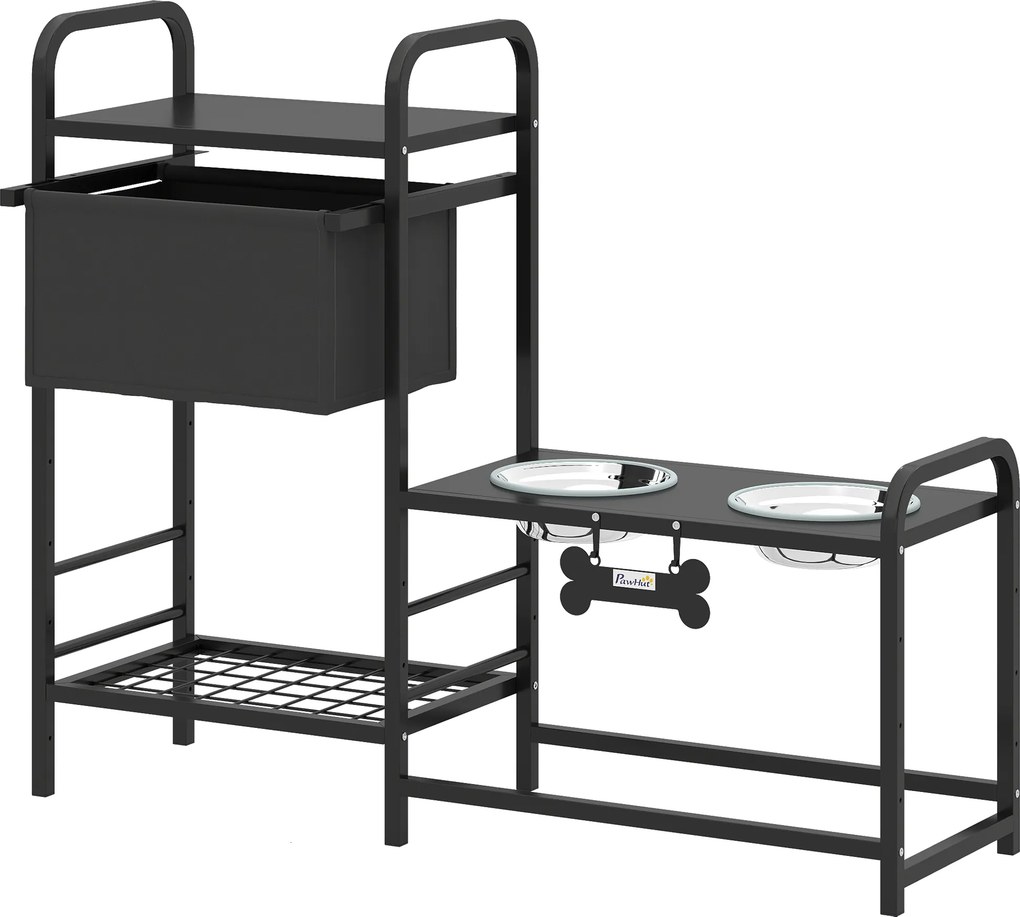 PawHut Vyvýšená miska pro psy Výškově nastavitelná miska na krmivo s úložným prostorem Miska na vodu 2 x 800ml nerezové misky 89,5x27x74 cm Černá bar…
