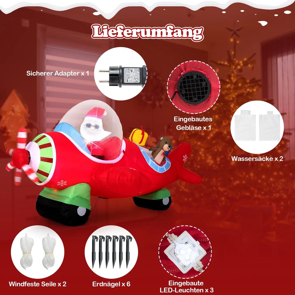 Costway 220 cm Nafukovací Santa Claus v letadle a dárková krabička a LED světla