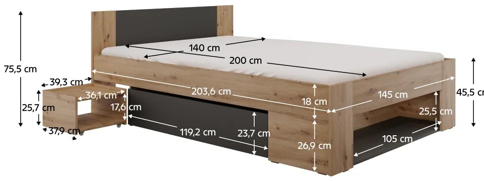 Kondela Postel s úložným prostorem, 140x200, dub artisan/antracit, UNIS