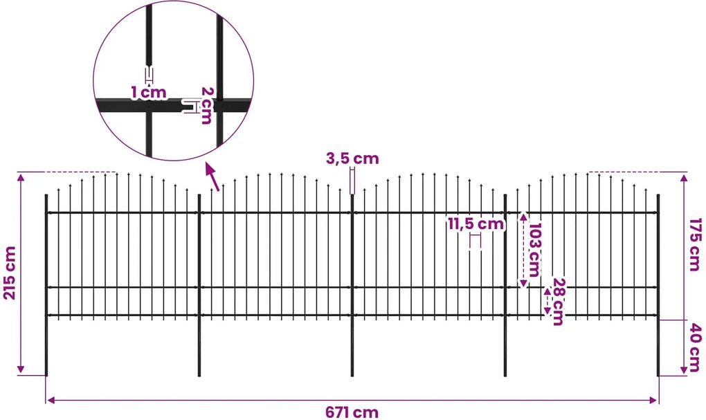 Zahradní plot s kopím nahoře ocelový 671 x 175 cm černý 277742