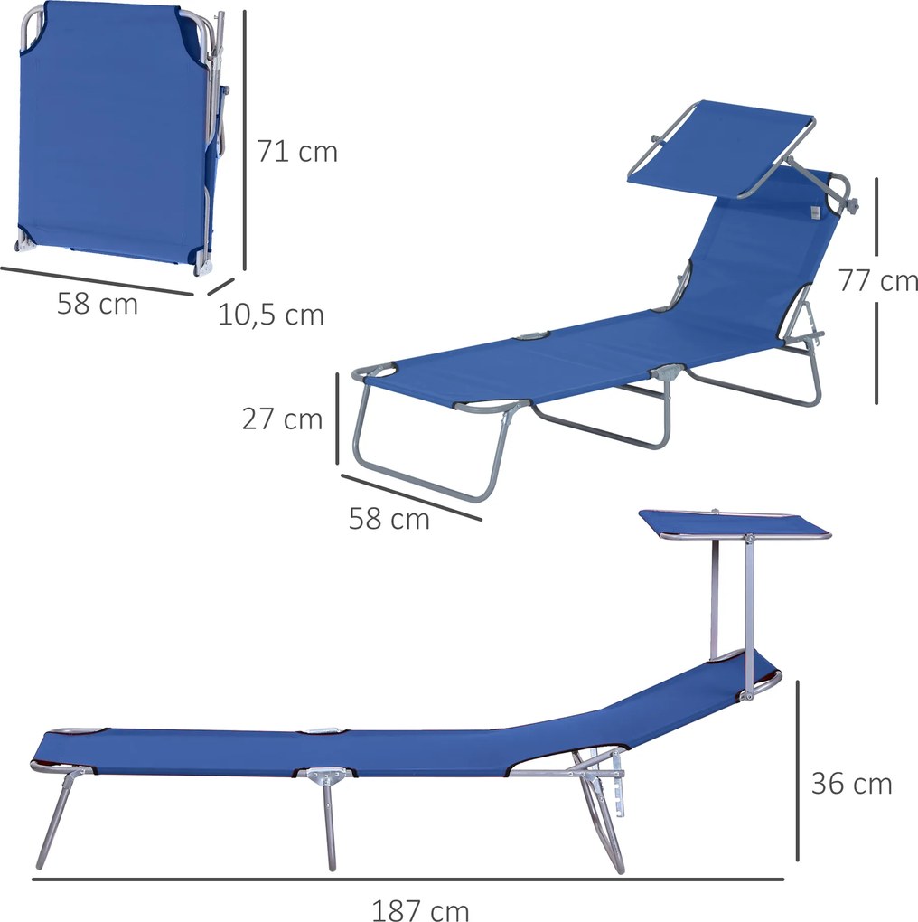 Lehátko Outsunny se stříškou, skládací zahradní lehátko se čtyřsměrně nastavitelným opěradlem, kempingové lehátko na balkon, materiál Oxford |