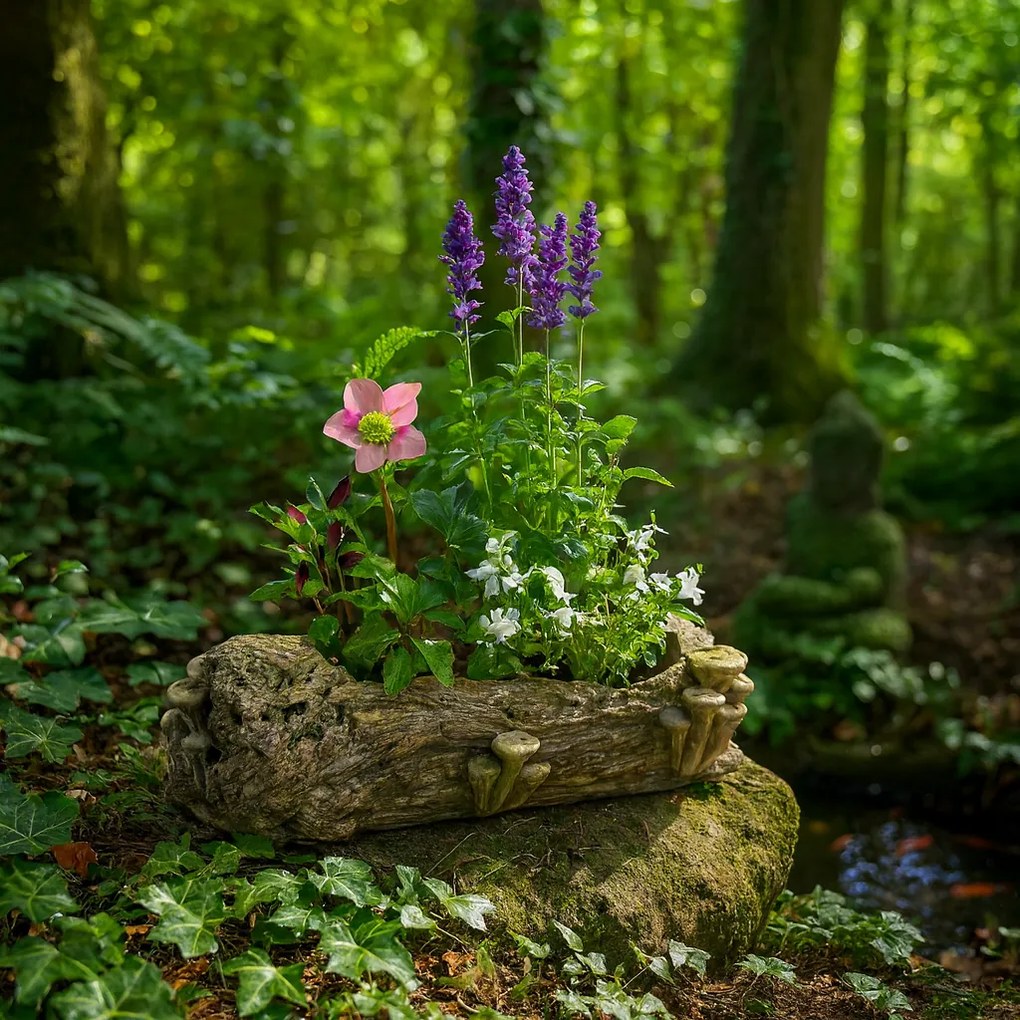 Obal betonový - truhlík, dřevo s houbami, 41 x 19 x 13 cm, hnědá, 41 cm