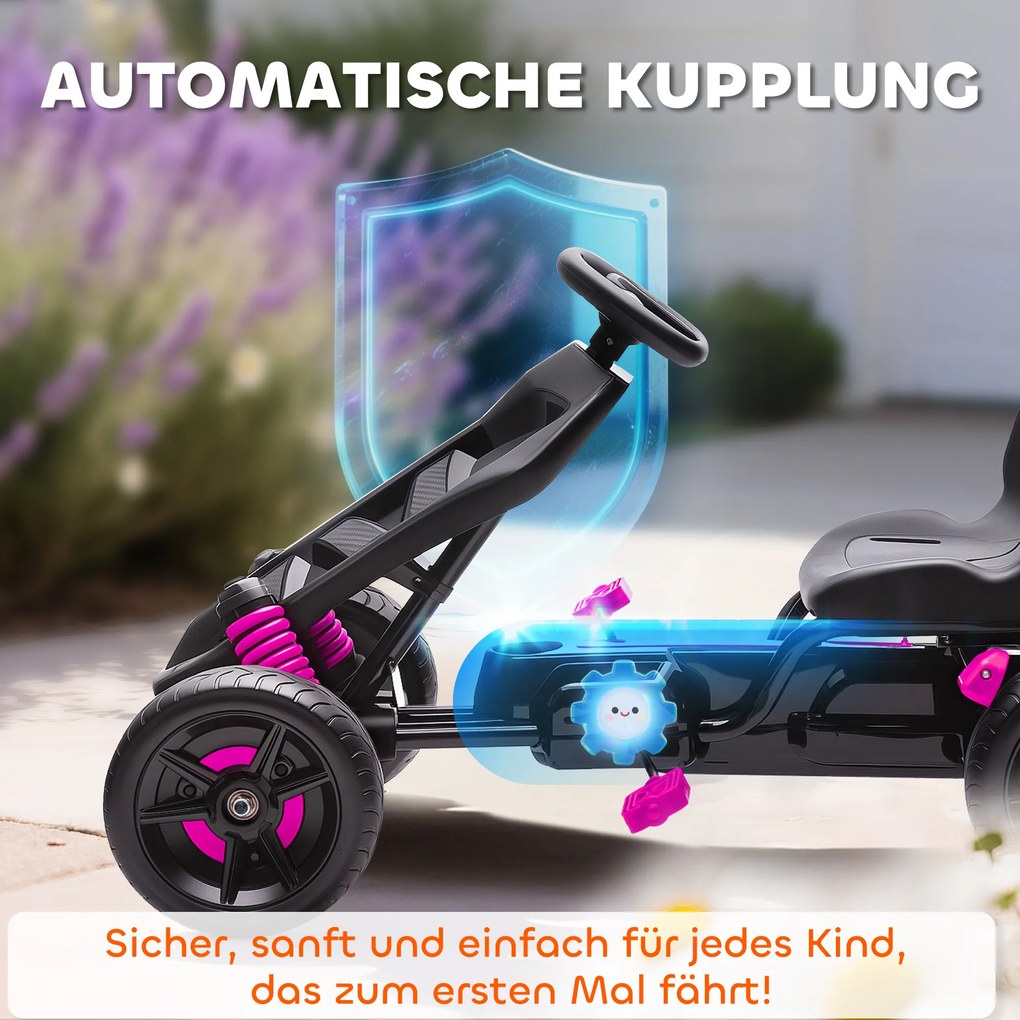 AIYAPLAY Gokart s pedály, šlapací auto pro děti s brzdou, protiskluzová kola, kovový rám, 3-6 let, růžová