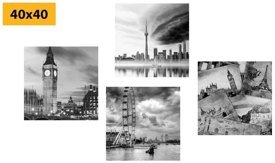 Set obrazů tajuplná města v černobílém provedení - 4x 40x40 cm