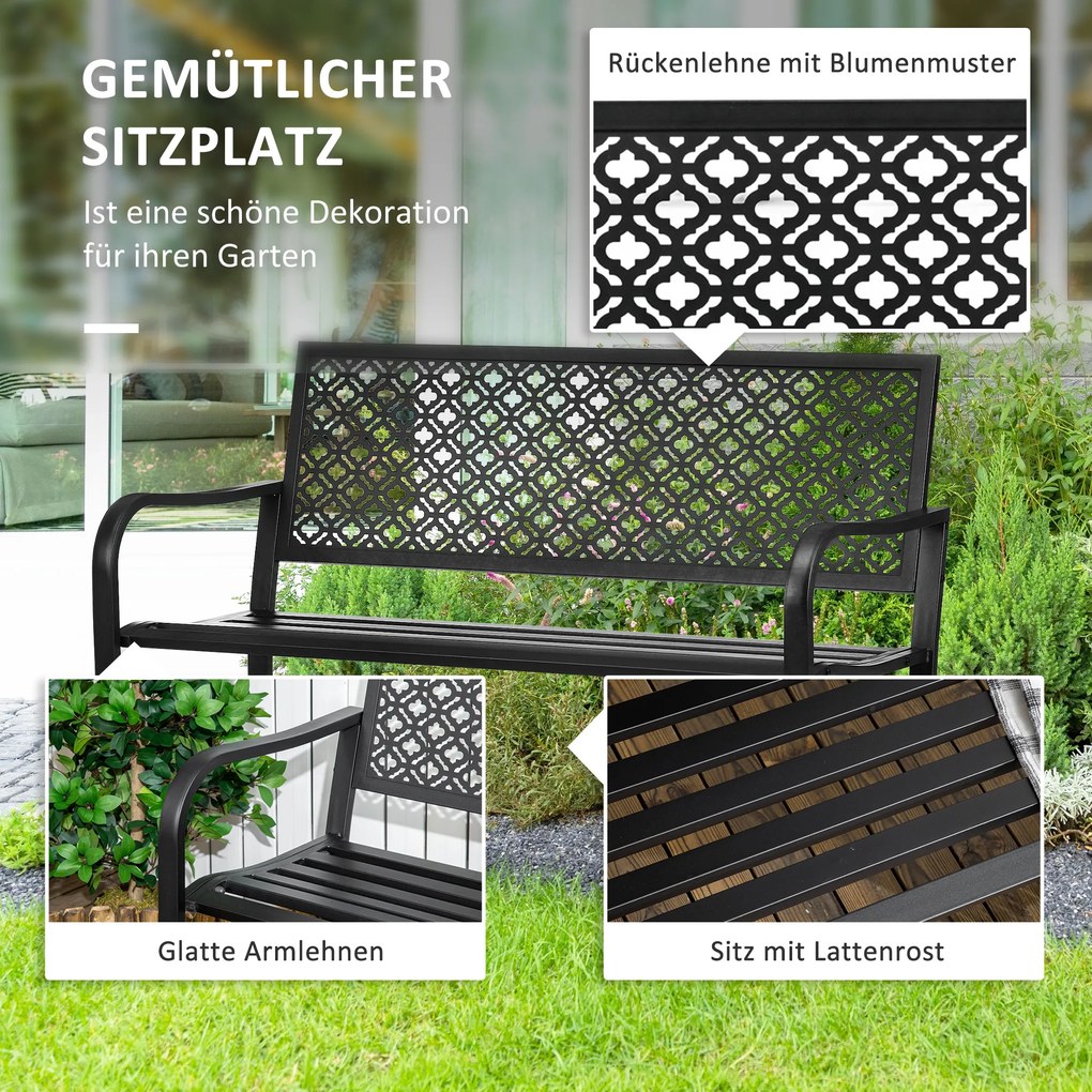 Zahradní lavička Outsunny 2místná lavička s opěradlem a područkami, ocel, max. 240 kg, květinový vzor, černá, 127 x 63 x 83 cm pro zahradu a terasu |…