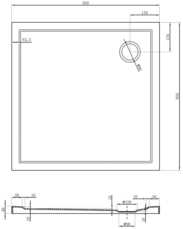 Mexen Flow Slim, čtvercová sprchová vanička 95 x 95 cm, bílá lesklá, 46S109595