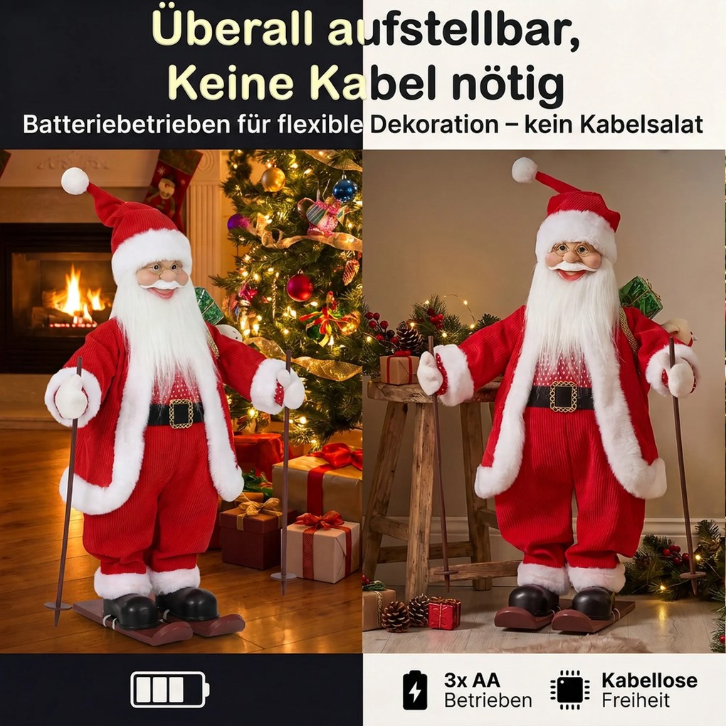 HOMCOM Zpívající lyžařský Santa Claus, 66 cm, stojící animovaná vánoční postava se lyžemi, pytlem s dárky a aktivací zvukem / dotykem