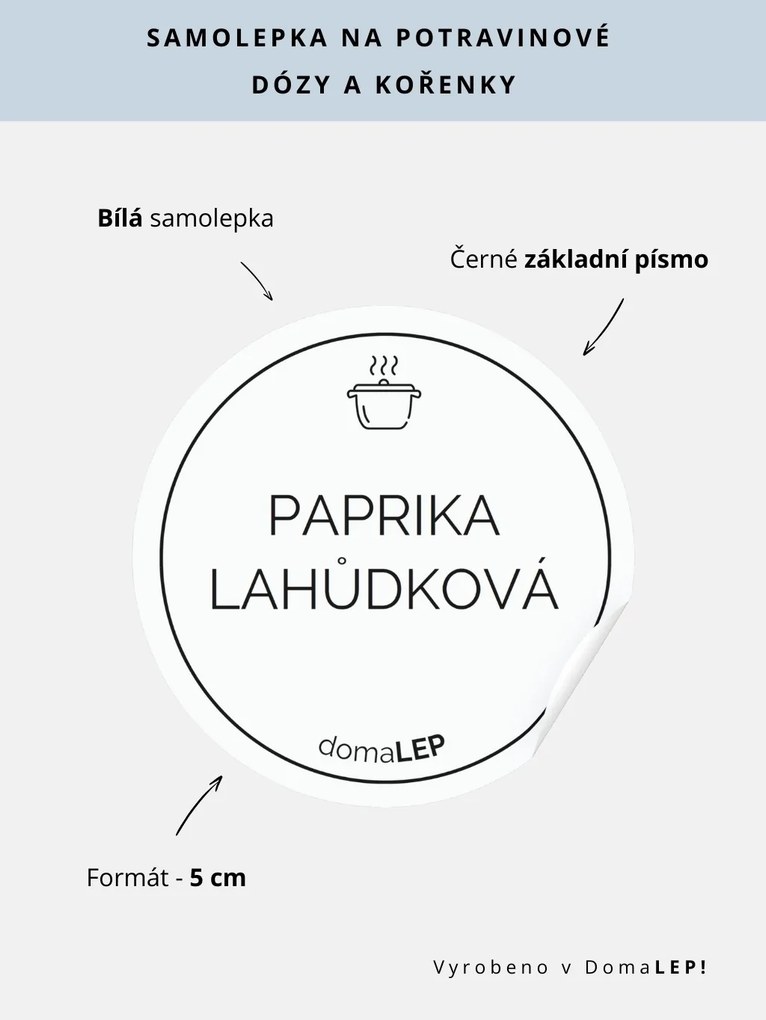 Samolepka na kořenky PAPRIKA LAHŮDKOVÁ bílá 5 cm základní písmo
