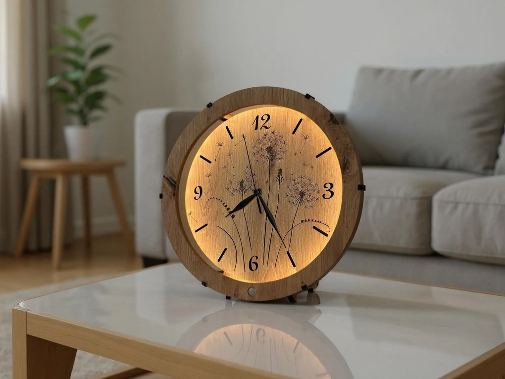 Li-Go "Pampeliška" světelné hodiny 230V/12V/dub světlý velikost svítidla/hodin: 31 cm