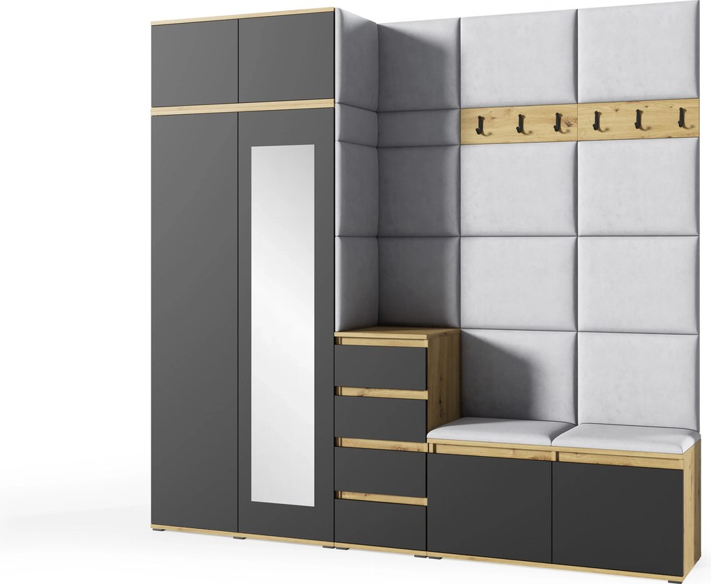Eka Předsíňová stěna s čalouněnými panely Trinity 33 - Dub Artisan s černou / Hnědá 2307