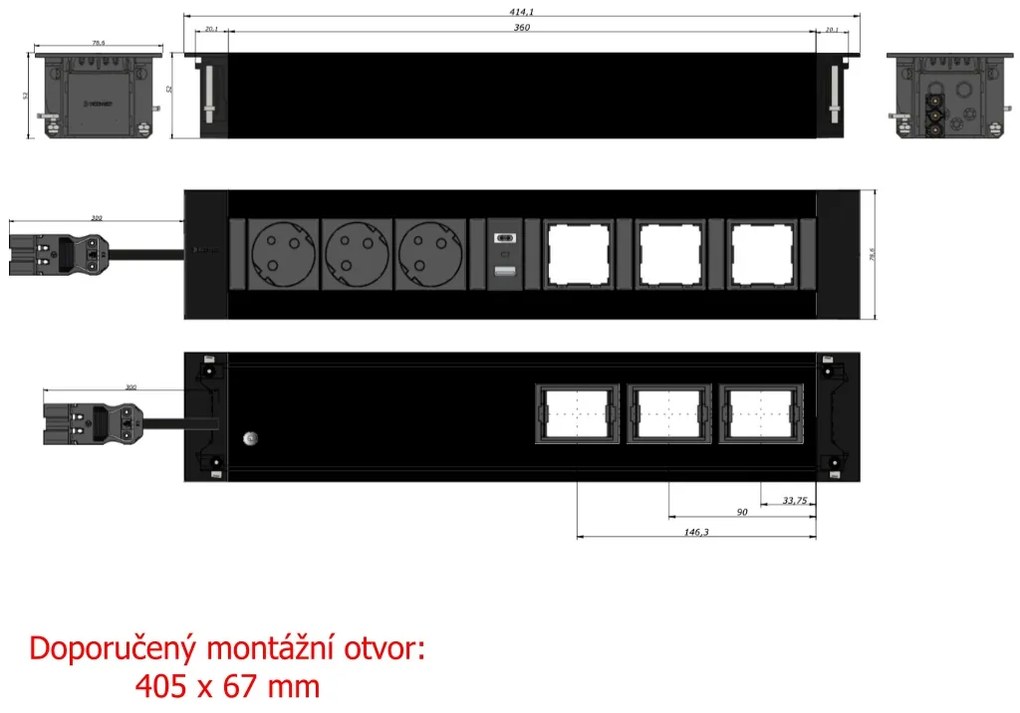IBConnect Vestavná zásuvka INTRO černá - různé konfigurace Konfigurace elektrozásuvky: 4x230V + USB nab. C (60W) + USB nab. A+C + Modul