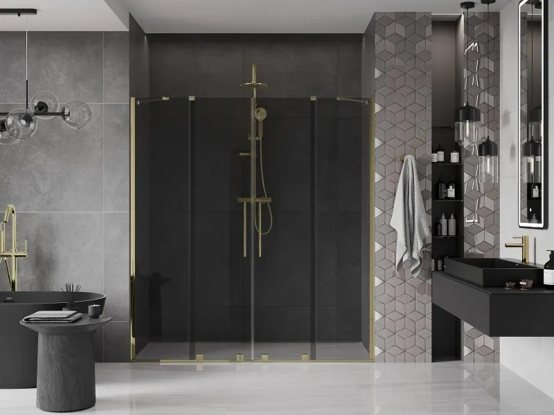 Mexen Velar Duo, posuvné sprchové dveře do otvoru 200 cm, 8mm šedé sklo, zlatá lesklá, 871-200-000-42-50