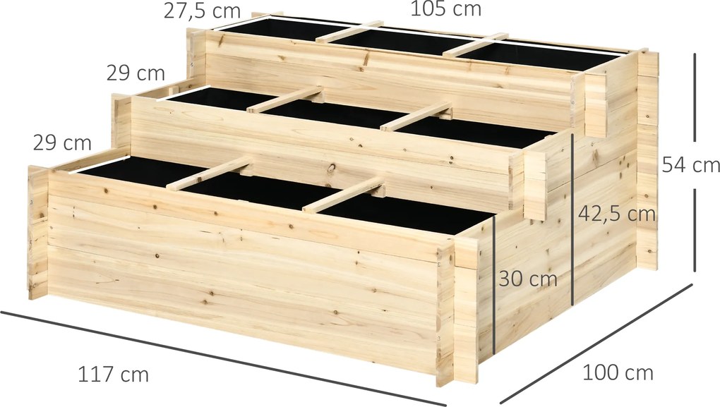 Zvýšené lůžko, 3 úrovně, vnitřní podšívka z rouna, lakované přírodní dřevo, 117 x 100 x 54 cm
