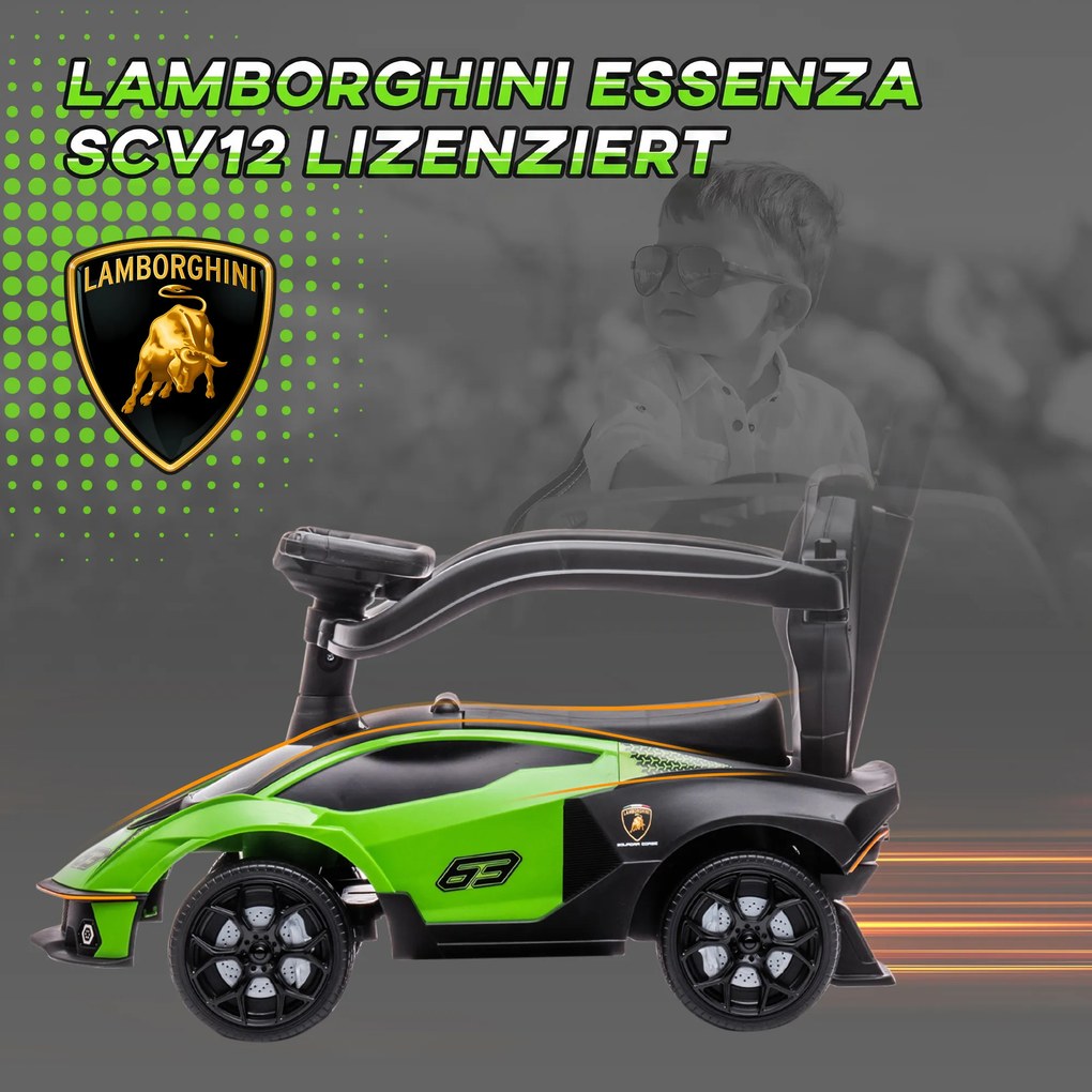 AIYAPLAY 2v1 Lamborghini Essenza SCV12 Dětské odrážedlo pro děti 12-36 měsíců s odnímatelnou rukojetí a bezpečnostní zábranou 86,5x40x89,5 cm Zelená …