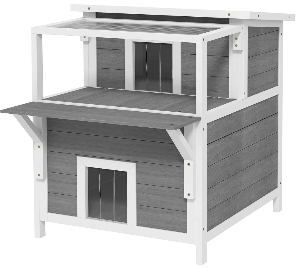 PawHut kočičí jeskyně, kočičí bouda z jedlového dřeva, kočičí domek s balkonem, vchody, pro kočky do 5 kg, venkovní, 64 x 87 x 76 cm, světle šedá