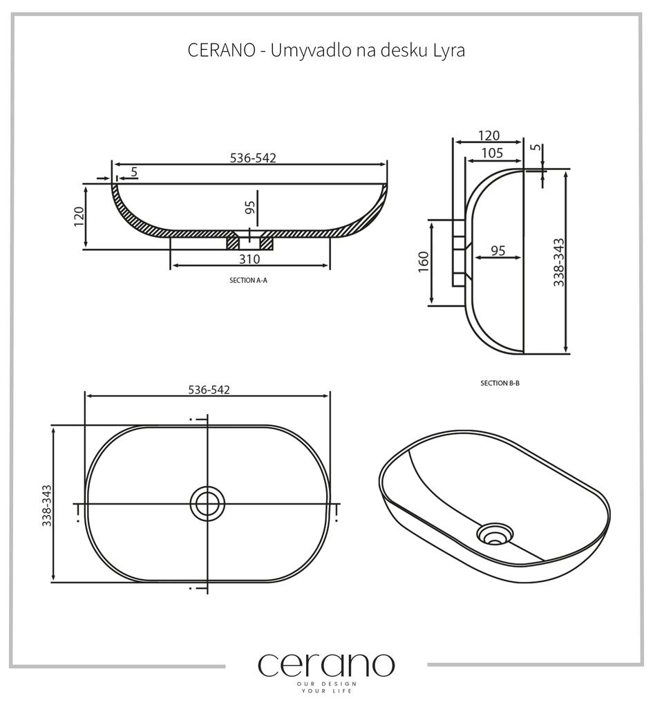 CERANO - Umyvadlo na desku z litého mramoru Lyra - bílá matná - 54x34 cm