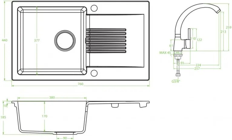 Laveo Ceilia, 1-komorový dřez 760x440x185mm + dřezová baterie, černá, LAV-SJCA711T
