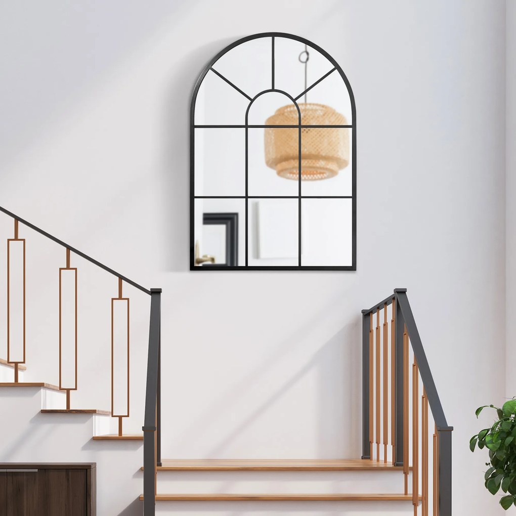HOMCOM Obloukové okenní nástěnné zrcadlo 91x60cm s kovovým rámem ze skla do obývacího pokoje ložnice jídelny předsíně v černé barvě