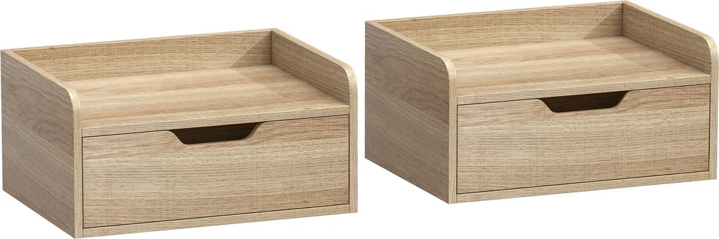 HOMCOM set 2 nástěnných nočních stolků, závěsné noční stolky s 1 zásuvkou do ložnice, 40x30x19,5 cm, přírodní