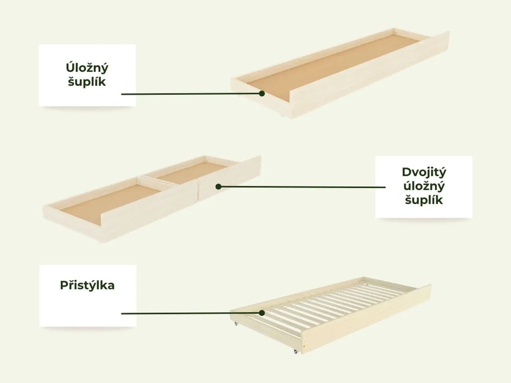 Benlemi Domečková patrová postel CHALOUPKA s úložnými schody 90x200 cm Zvolte barvu: Bílá s transparentně lakovanými prvky, Zvolte šuplík: Přistýlka 90x190 cm, Zvolte stranu: Vpravo
