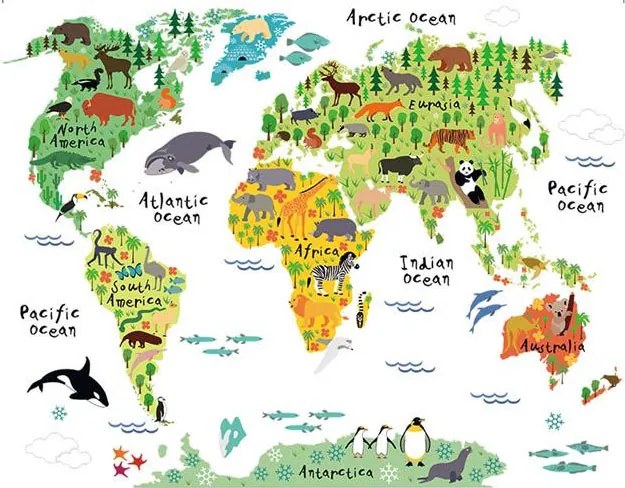 ZOOYOO Samolepka na zeď mapa světa zvířátka 73 x 95 cm