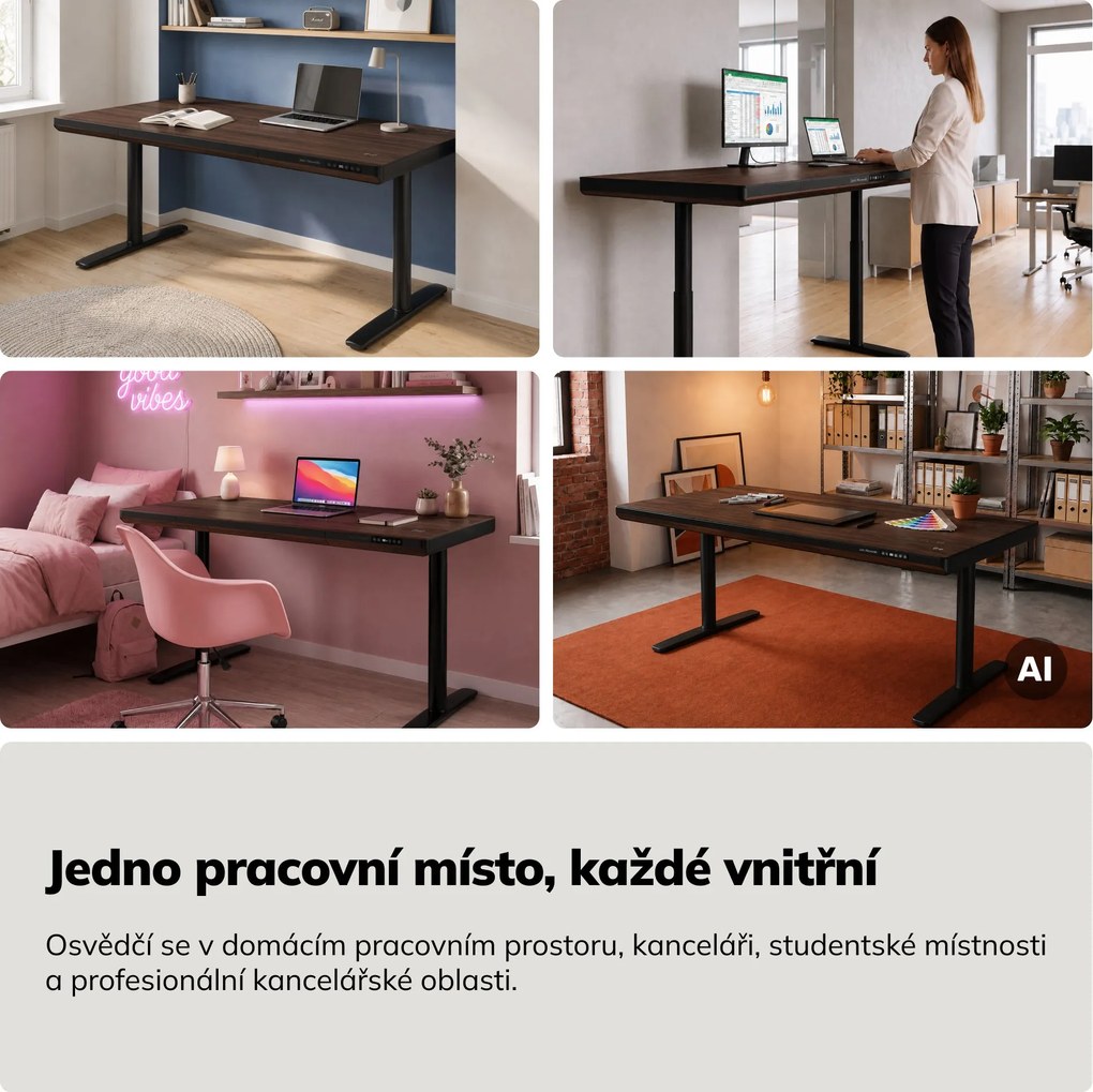 Elektrický psací stůl sit-stand se zásuvkou a bezdrátovou nabíječkou Qi černý/ořech, 1600 mm: ELLIS