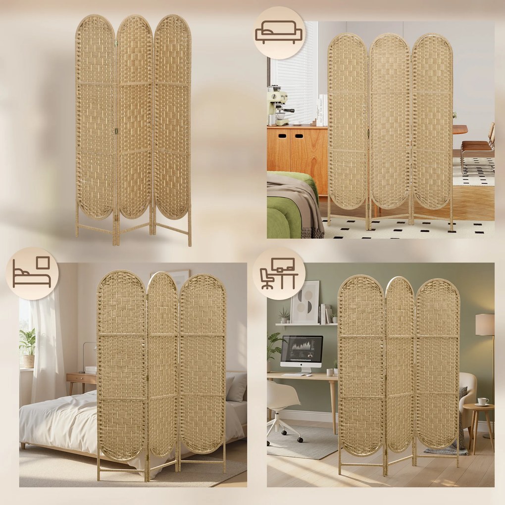 HOMCOM Paravan 3-dílný 120 x 170 cm Dělící stěna Skládací příčka se zaklenutou horní částí Přírodní
