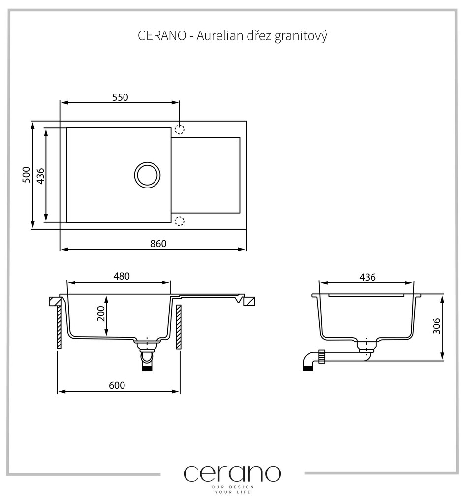Cerano Aurelian, 1-komorový granitový dřez s odkapávačem 860x500x200 mm, bílá, CER-LIVSQT104-W