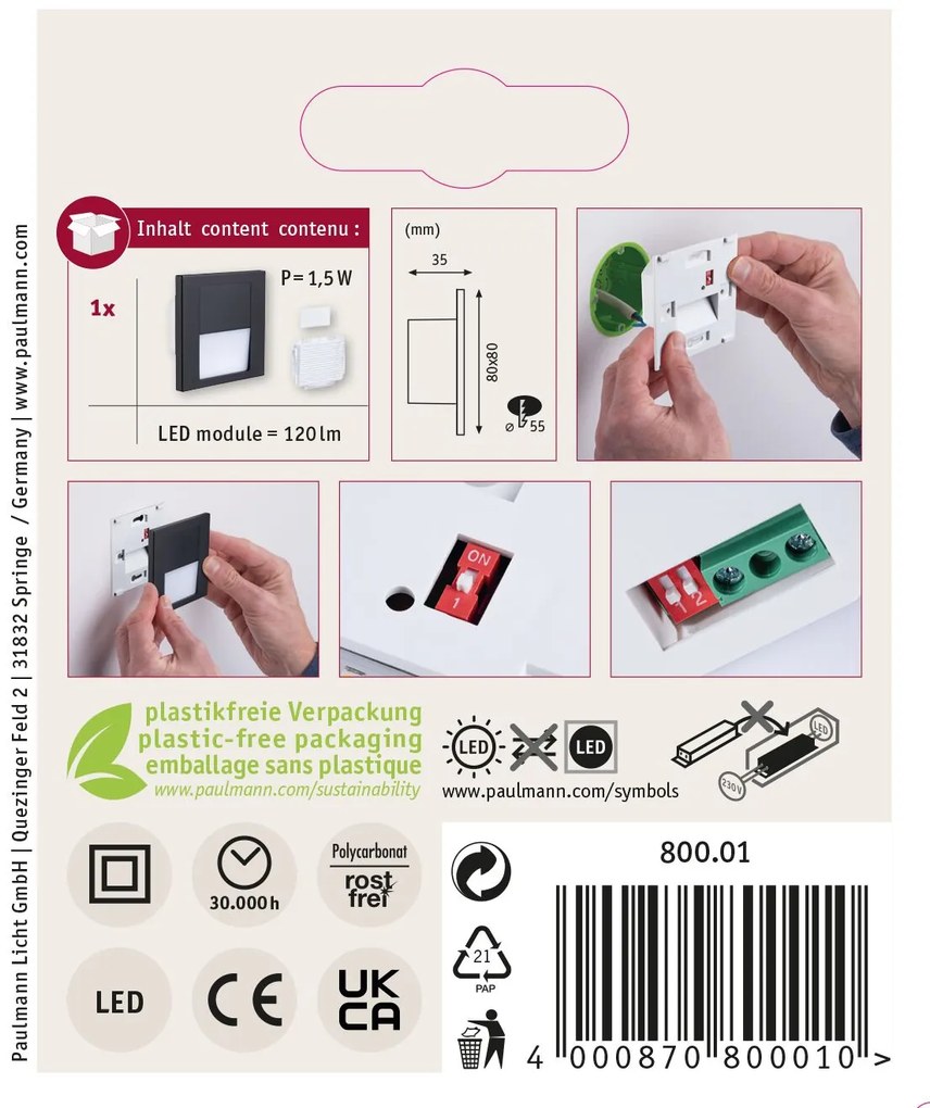 Paulmann 80001 Tsaro follower, svítidlo do stěny, 1W LED 2700K, matná černá, 8x8cm