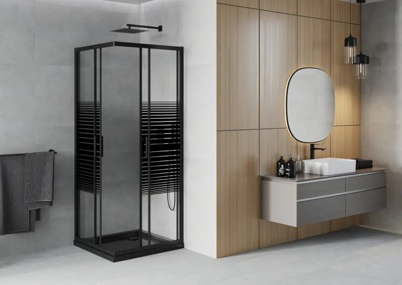 Mexen Rio, čtvercový sprchový kout 80(dveře)x80(dveře)x190 cm, 5mm čiré sklo-vzor pásky, černý profil + černá sprchová vanička SLIM, 860-080-080-70-20-4070B