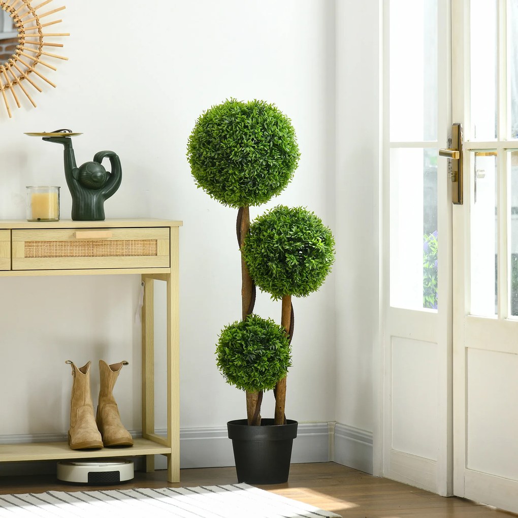 Umělý strom HOMCOM, Umělá rostlina, Zelený buxus se 3 koulí z bambusových listů, Včetně květináče, Pro vnitřní i venkovní použití, Výška 110 cm, Bez …