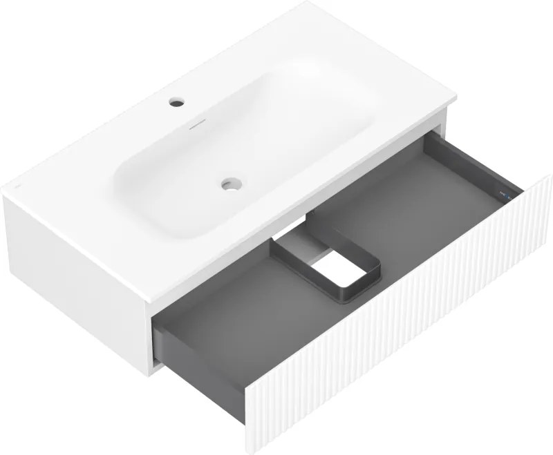 Mexen Rivel, koupelnová skříňka 90 cm s umyvadlem Vela, 1 zásuvka, drážkovaná, bílá matná, 91A20-09023-1-BF01-W23M01