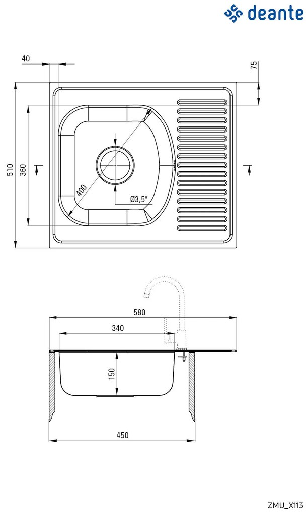 Deante Dřez Techno s odkapávačem, nerez - ZMU 3113