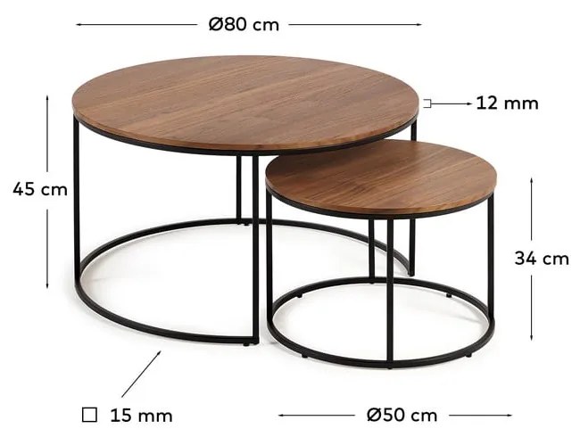 Hnědé kulaté konferenční stolky v sadě 2 ks s deskou v dekoru ořechového dřeva ø 80 cm Yona - Kave Home