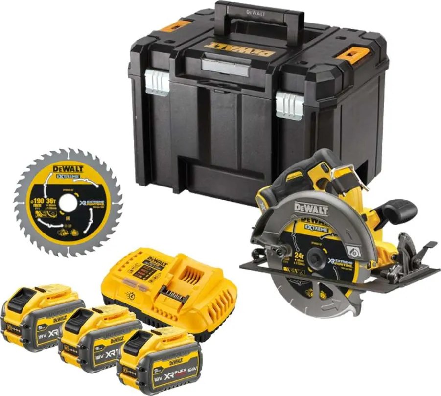 DeWALT - 54V AKU kotoučová pila 190 mm, s příslušenstvím, 3x aku 9,0 Ah Li-Ion, nabíječka DCS578NTA