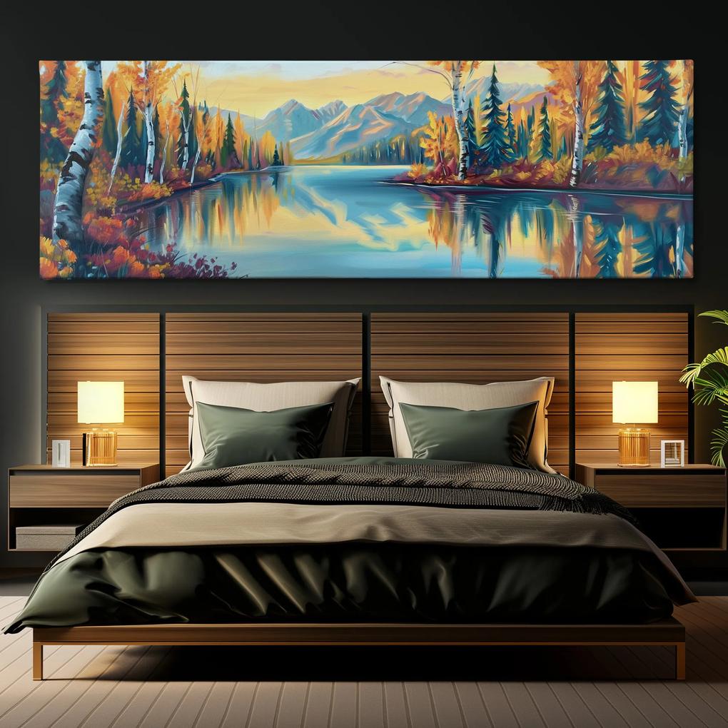 Obraz na plátně - Břízový háj u jezera FeelHappy.cz Velikost obrazu: 150 x 50 cm